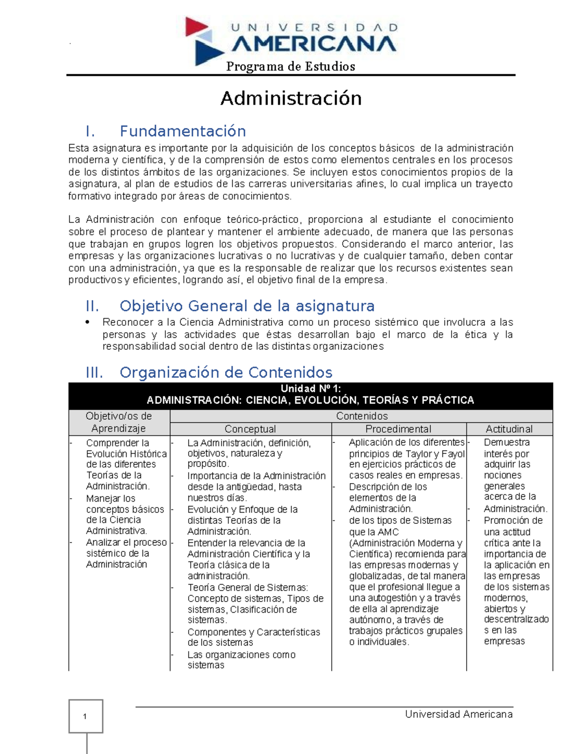 Programa de Estudios: Administración I - Fundamentos y Contenidos - Studocu