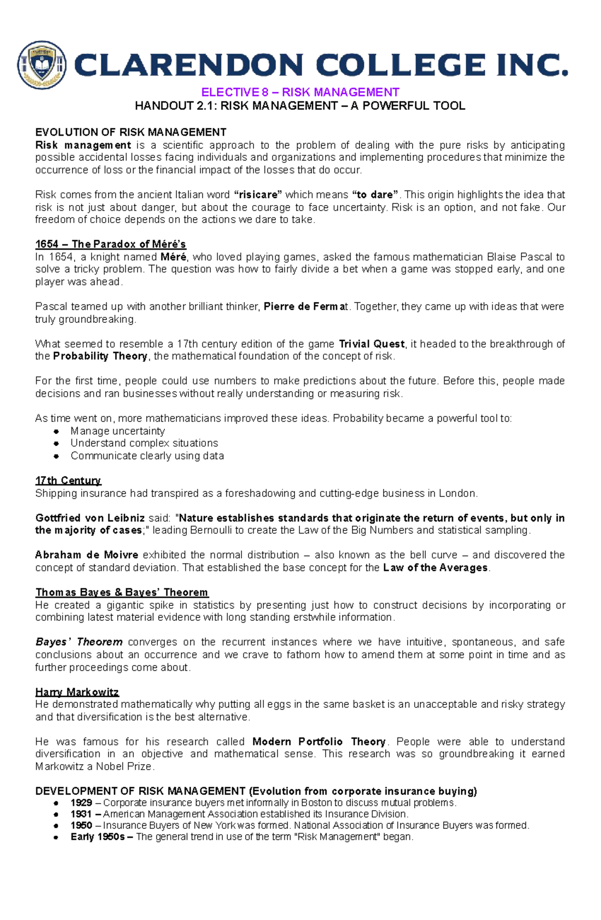 ELECTIVE 8 RISK MANAGEMENT HANDOUT 2.1: EVOLUTION & IMPORTANCE OF RISK ...