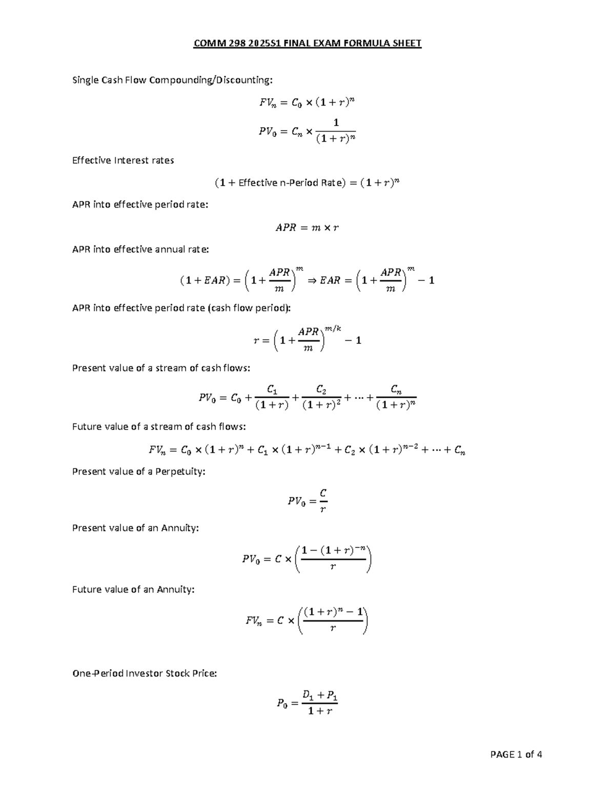 COMM 298 2025S1 FINAL EXAM FORMULA SHEET: Key Financial Concepts - Studocu