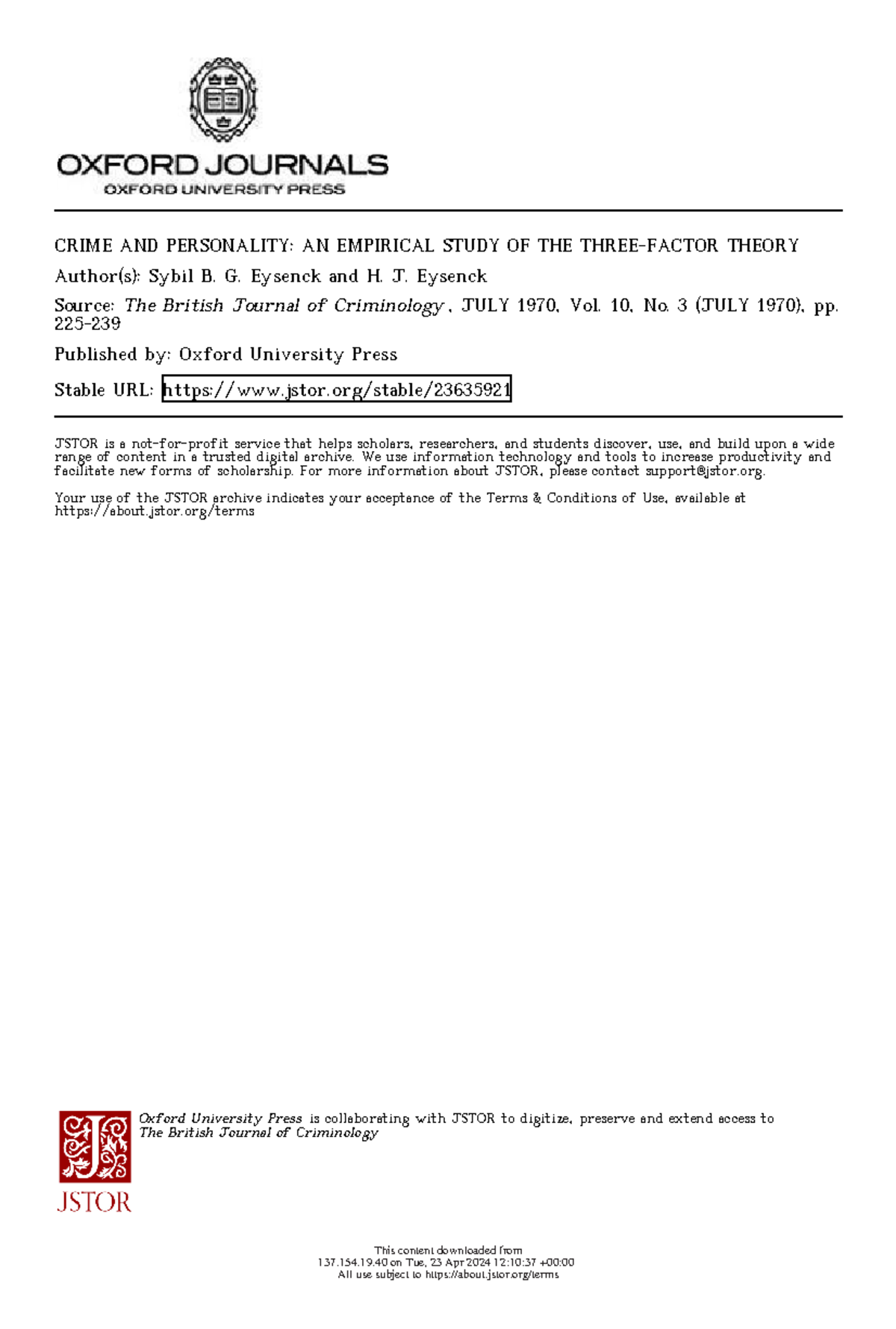 Crime and Personality: An Empirical Study of the Three-Factor Theory ...