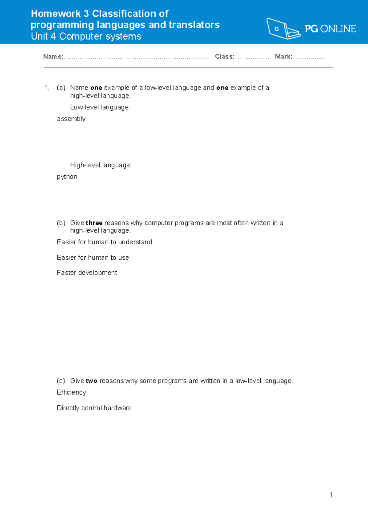 Homework 3: Classification of Programming Languages & Translators - Studocu