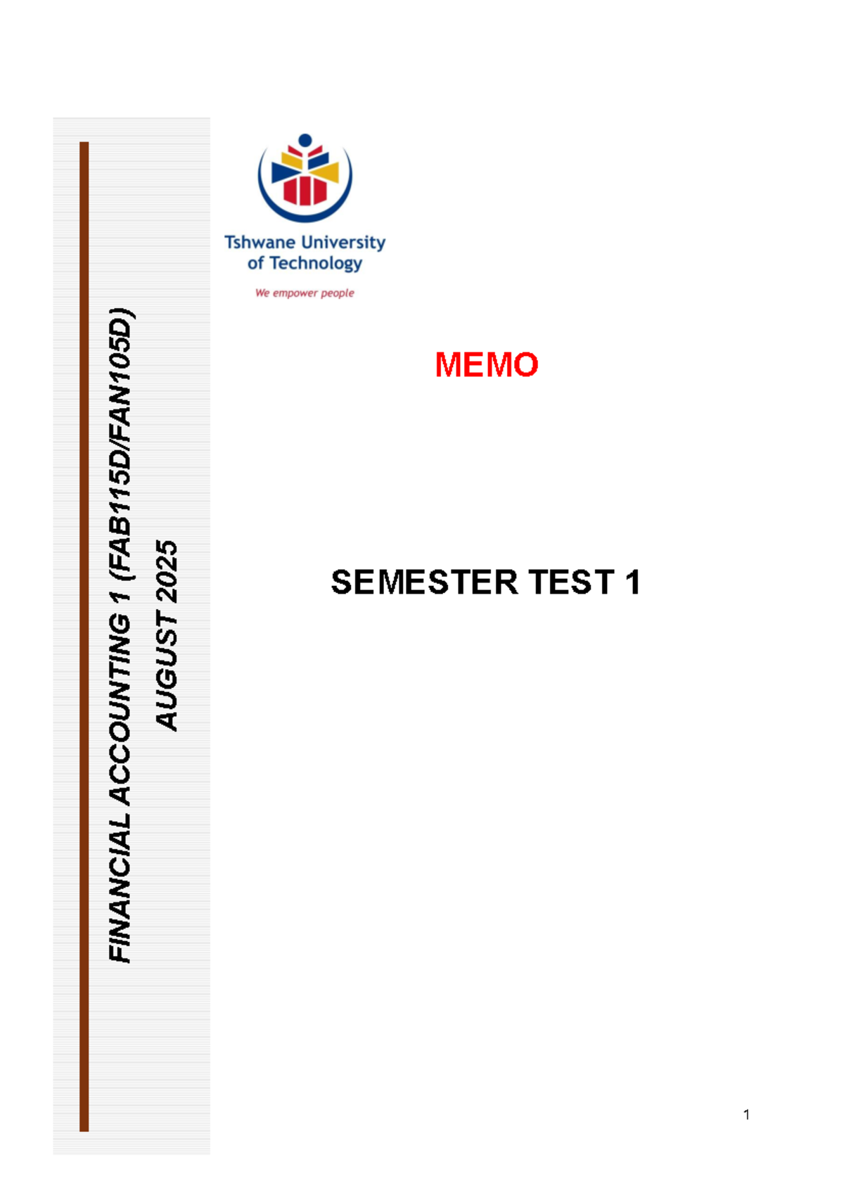 AUGUST 2025 FINANCIAL ACCOUNTING 1 SEMESTER TEST 1 MEMO - Studocu