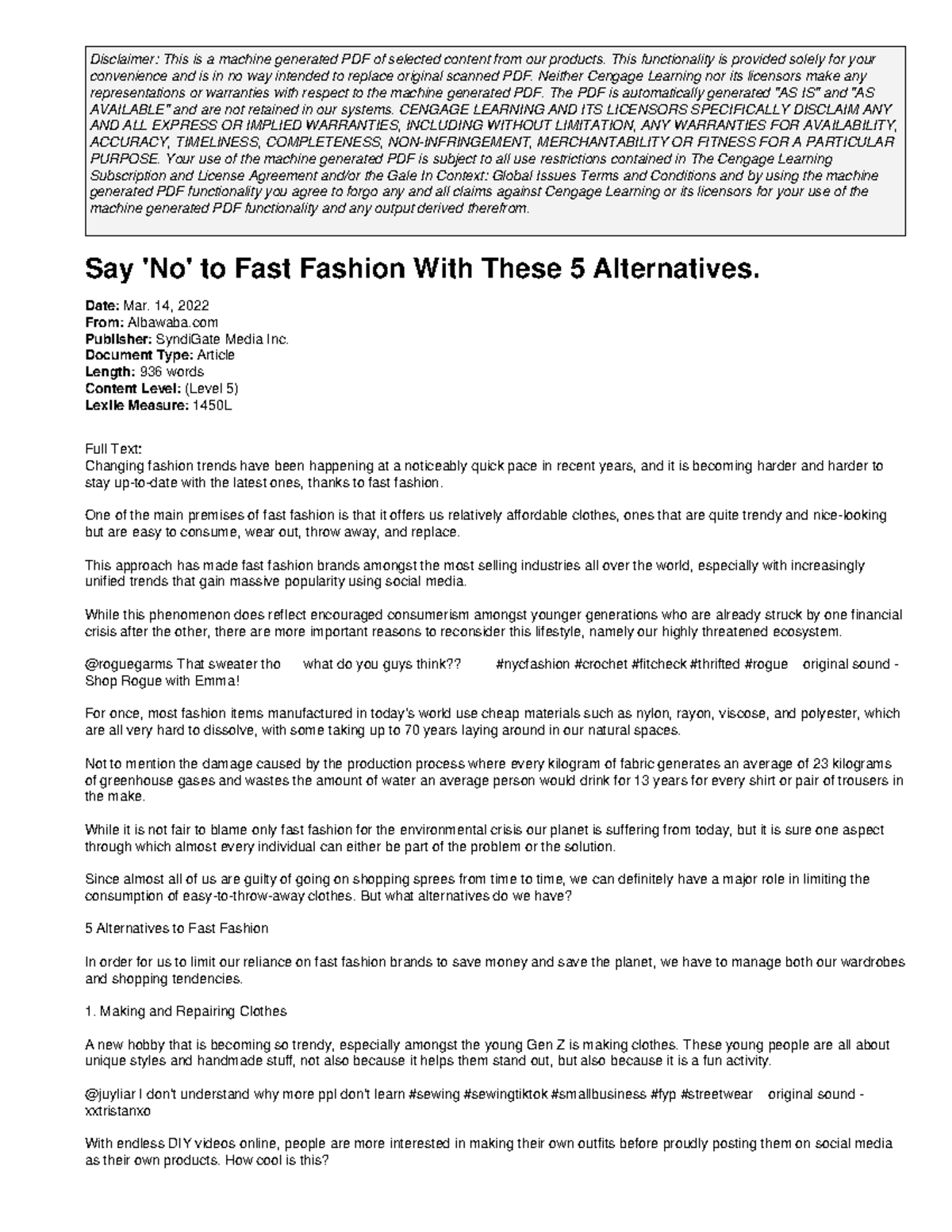 Say no to fast fashion with these 5 alternatives: article review - Studocu