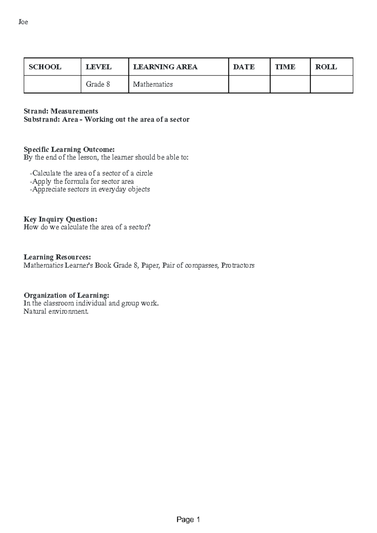 Mathematics Grade 8: Area of a Sector Lesson Plan - Studocu
