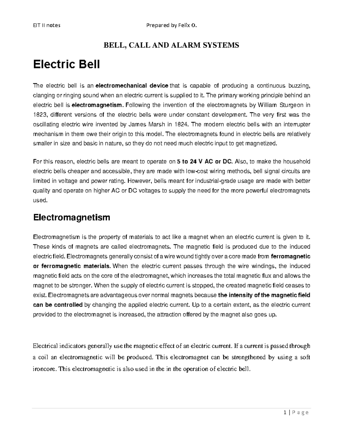 EIT II Lecture Notes: Electric Bells & Alarm Systems Overview - Studocu