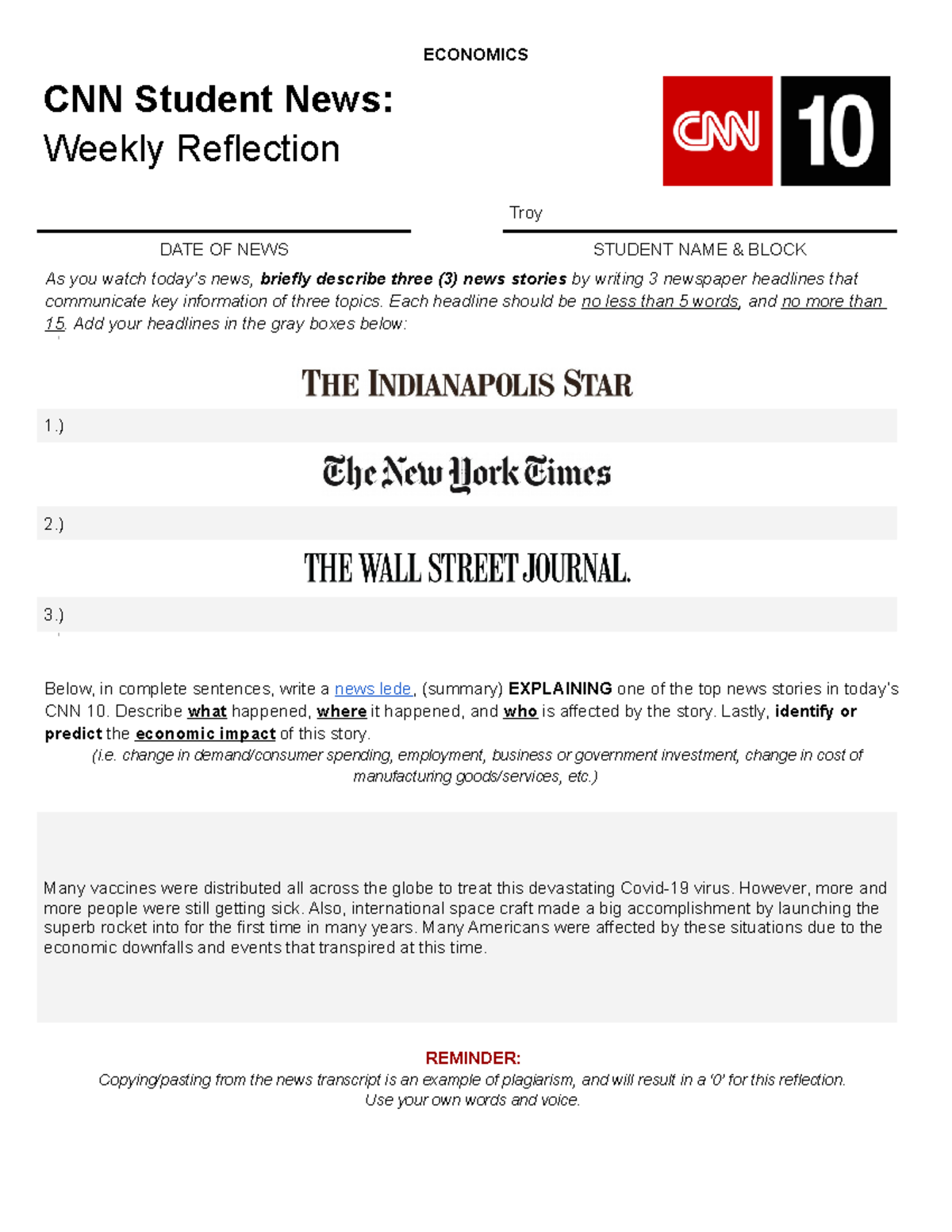 Copy of Economics CNN 10 Worksheet NEW - ECONOMICS CNN Student News ...
