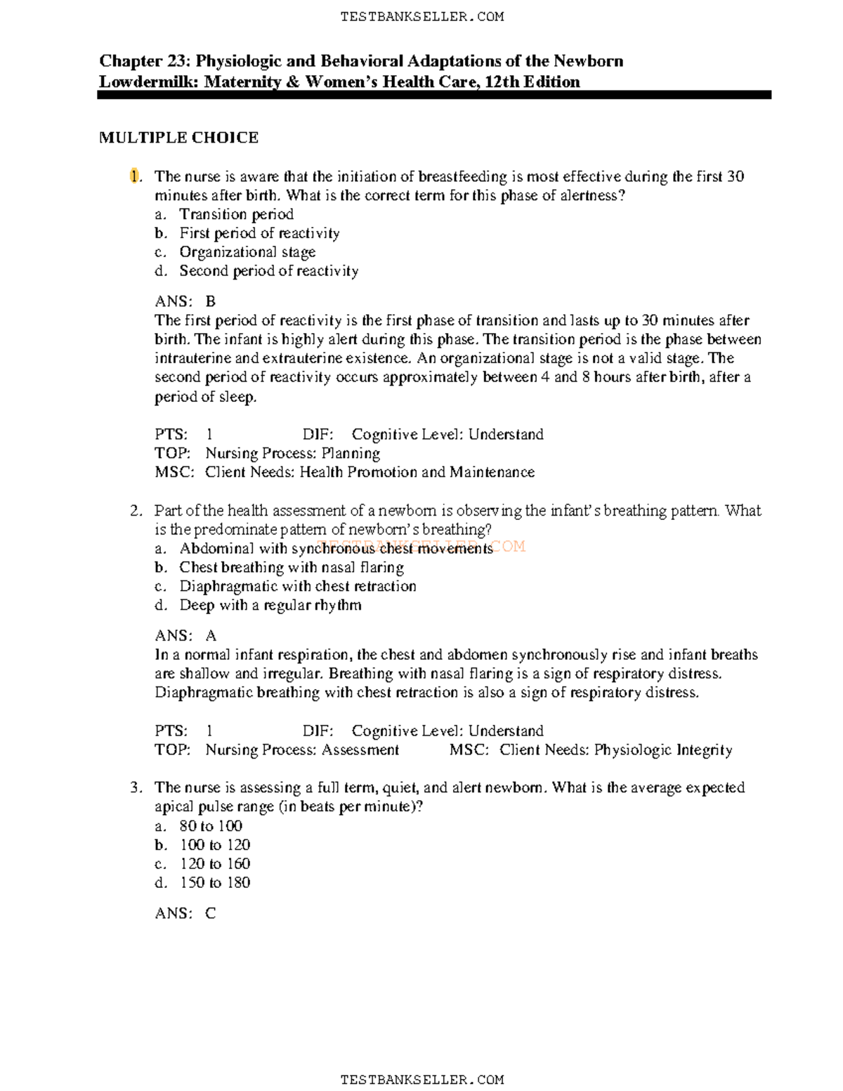 23 - test bank - TESTBANKSELLER Chapter 23: Physiologic and Behavioral ...