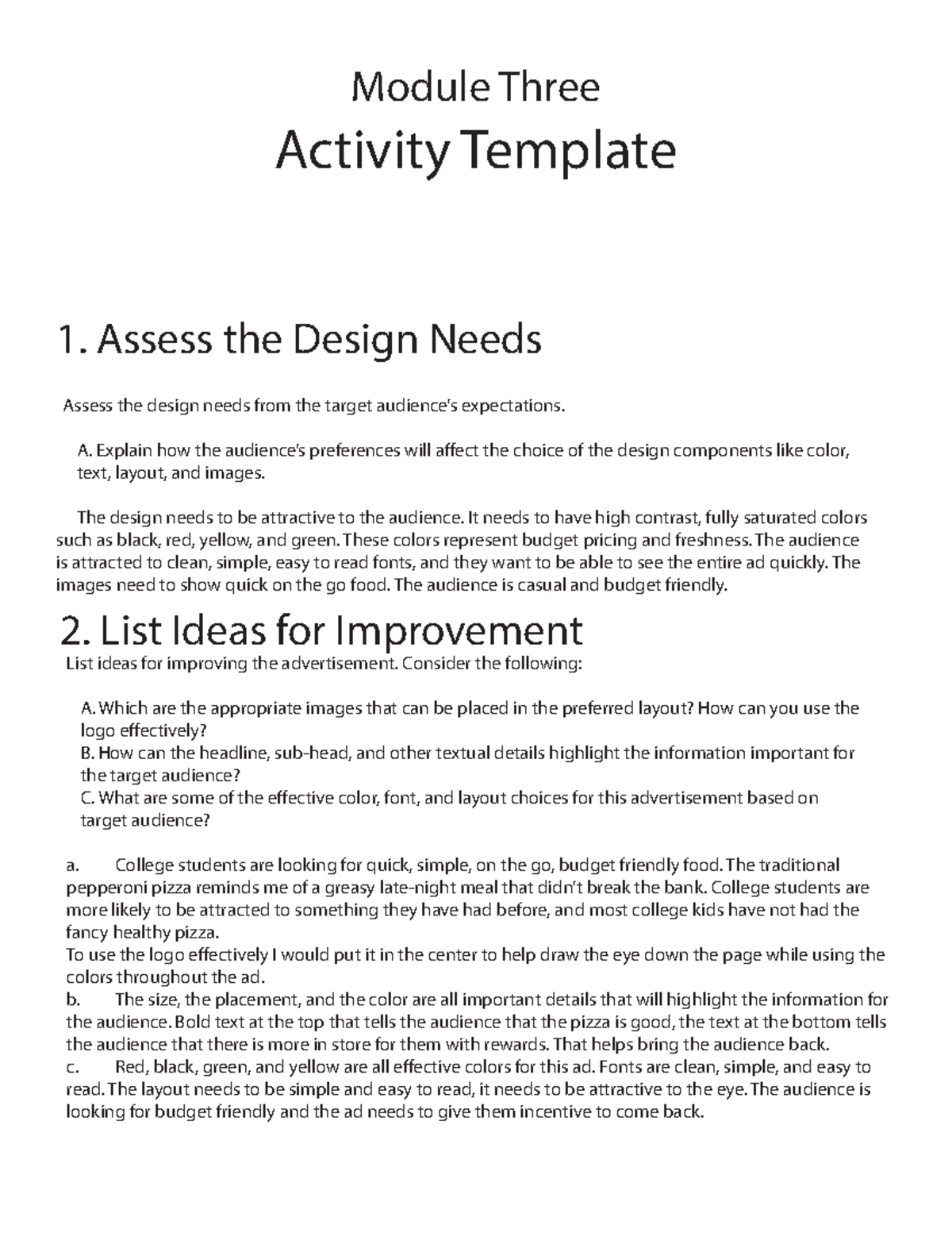 GRA 280 Module Three Activity: Advertisement Design Assessment Template ...