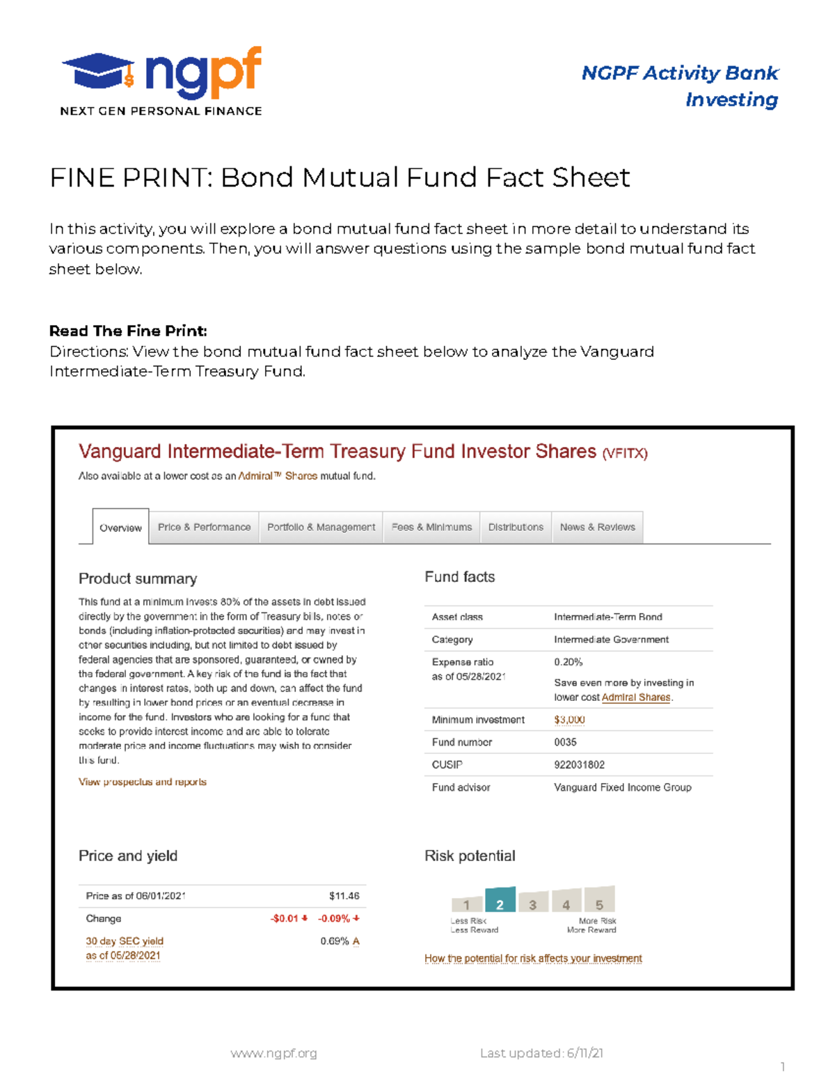 FINE Print: Analyzing Bond Mutual Fund Fact Sheet for NGPF Activity - Studocu