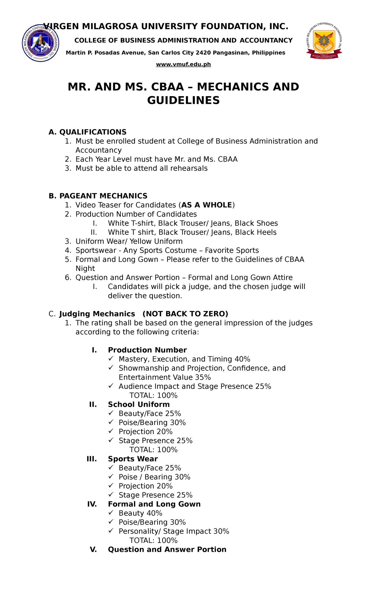 CBAA- Mr. and Ms. Pageant Guidelines and Mechanics 2024 - Studocu