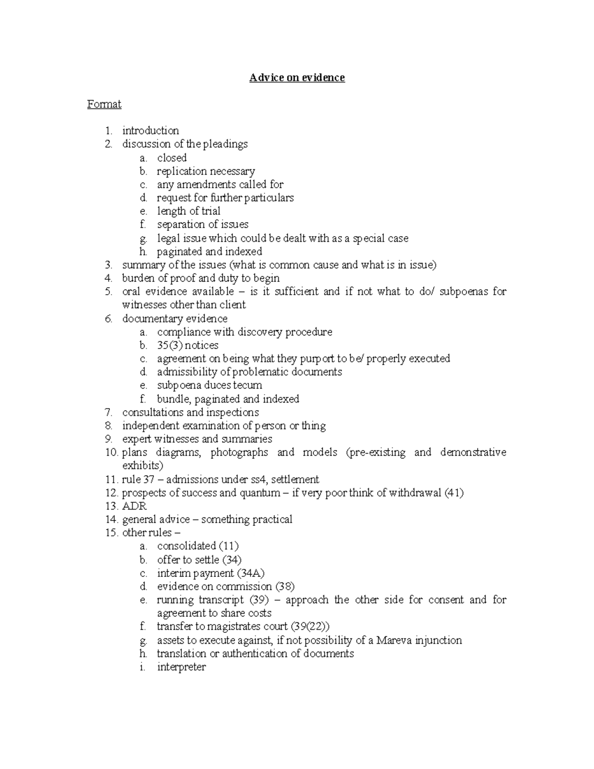 Advice on Evidence - Notes for Legal Proceedings (Course Code: LAW101 ...