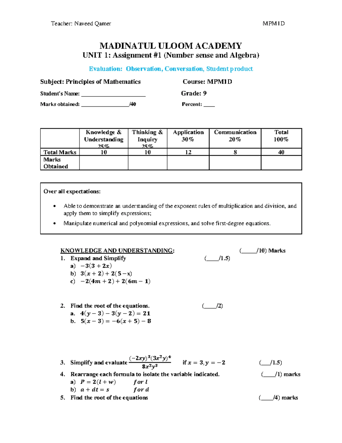 MUA MPM1D Grade 9 Math Formula Sheet for Area & Perimeter of Shapes ...