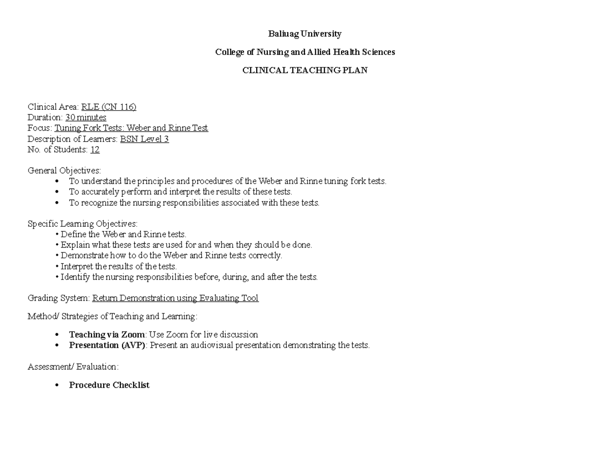 Clinical Teaching Plan Tuning Fork Tests Weber & Rinne Test - Baliuag ...
