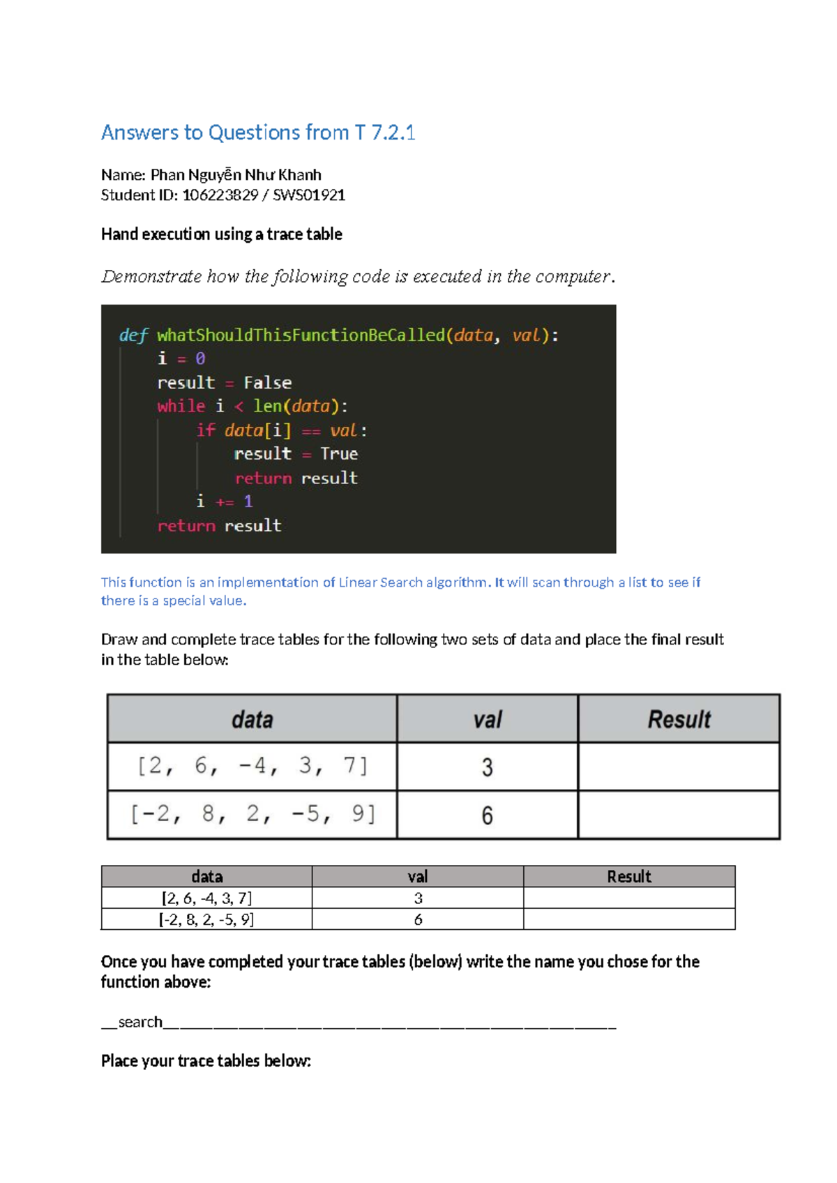 SWS01921 Tutorial Task: Hand Execution of Linear Search Algorithm - Studocu