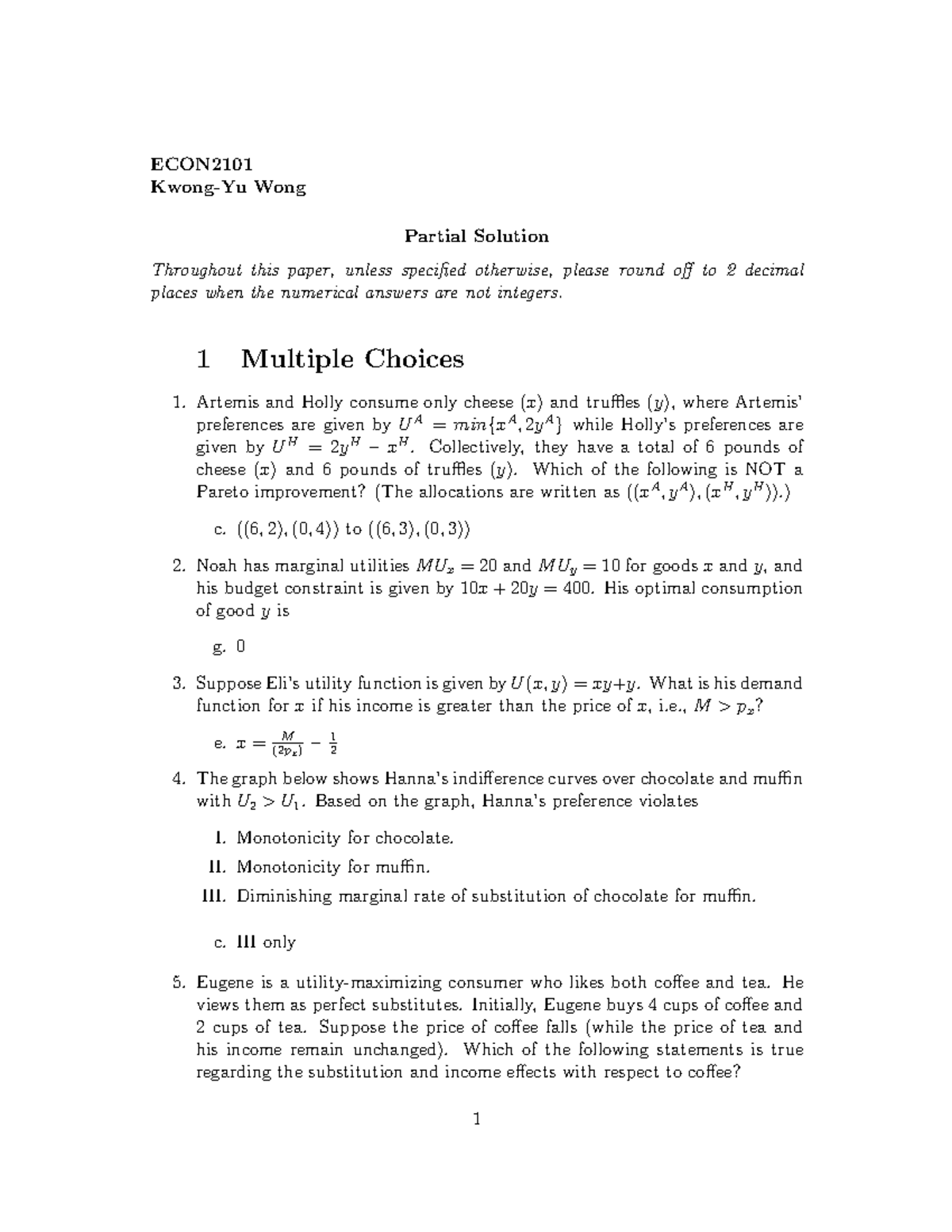 ECON2101 Mock Midterm Solutions: Partial Answers and Explanations - Studocu