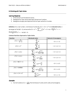 Worksheet-Section 6.2 Properties of Power Series - Math 2212 – Calculus ...