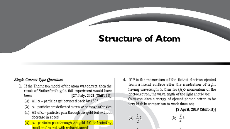 Structure of Atom JEE PYQs Practice Sheet - Studocu