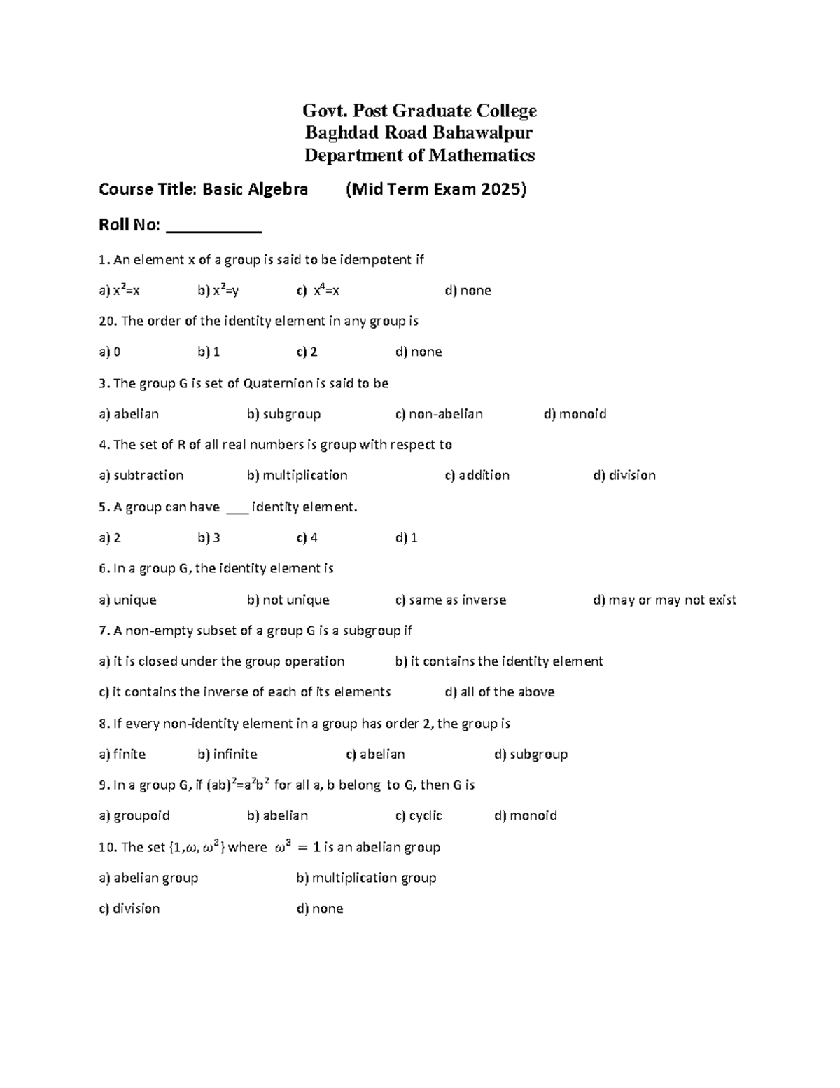 Basic Algebra (MATH 101) Midterm Exam Notes - 2025 - Studocu