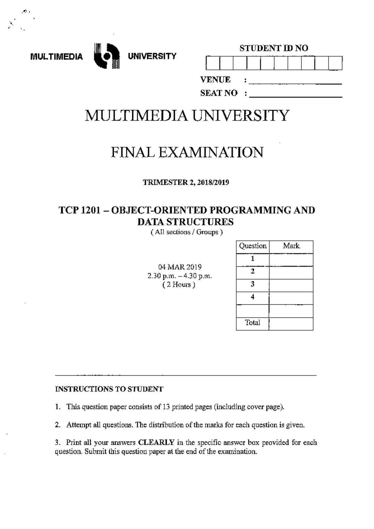 44195 - aaaaaaaaaaaaaaaaaaa - STUDENT ID NO MULTIMEDIA UNIVERSITY VENUE ...