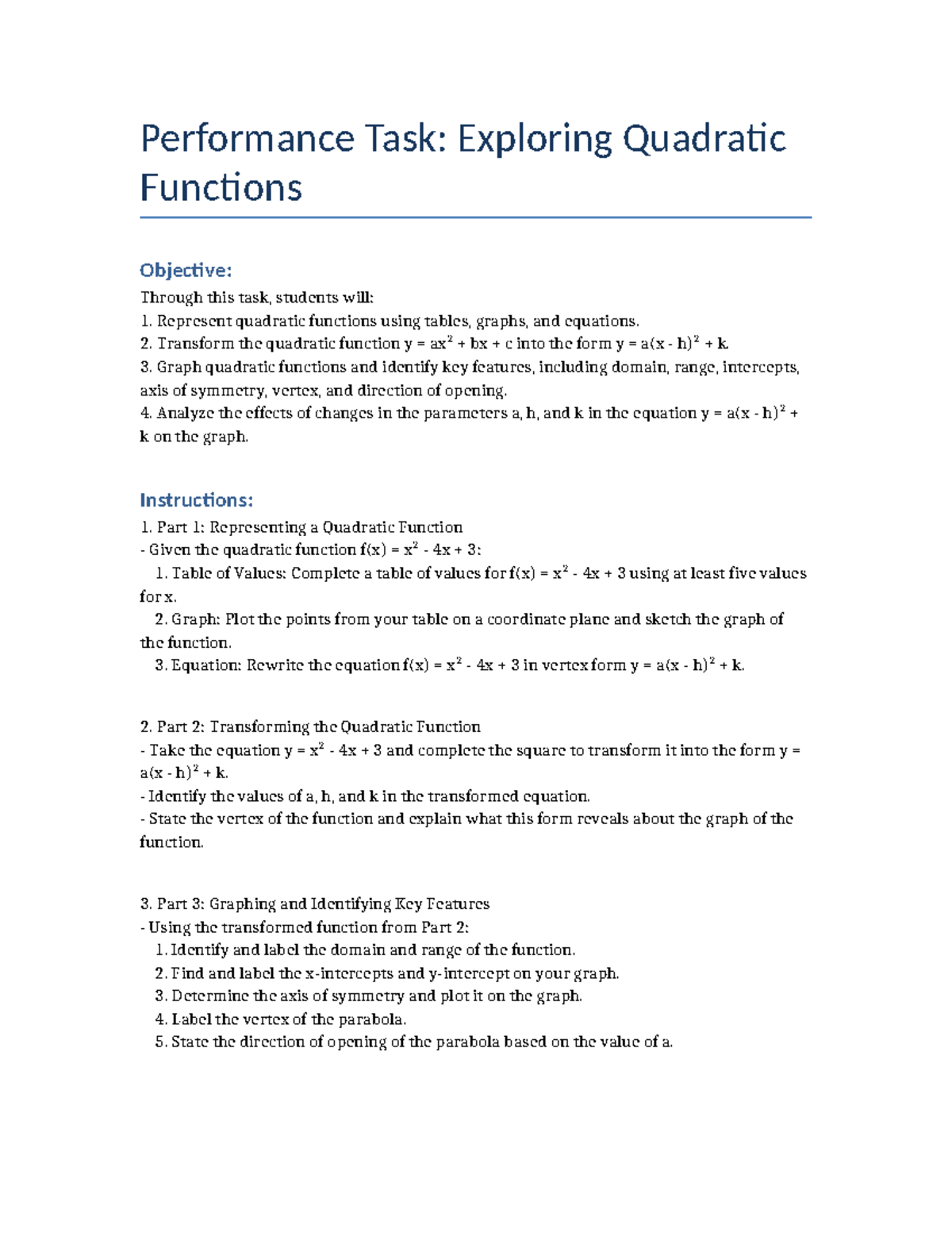 Performance Task: Quadratic Functions Analysis and Graphing - Studocu