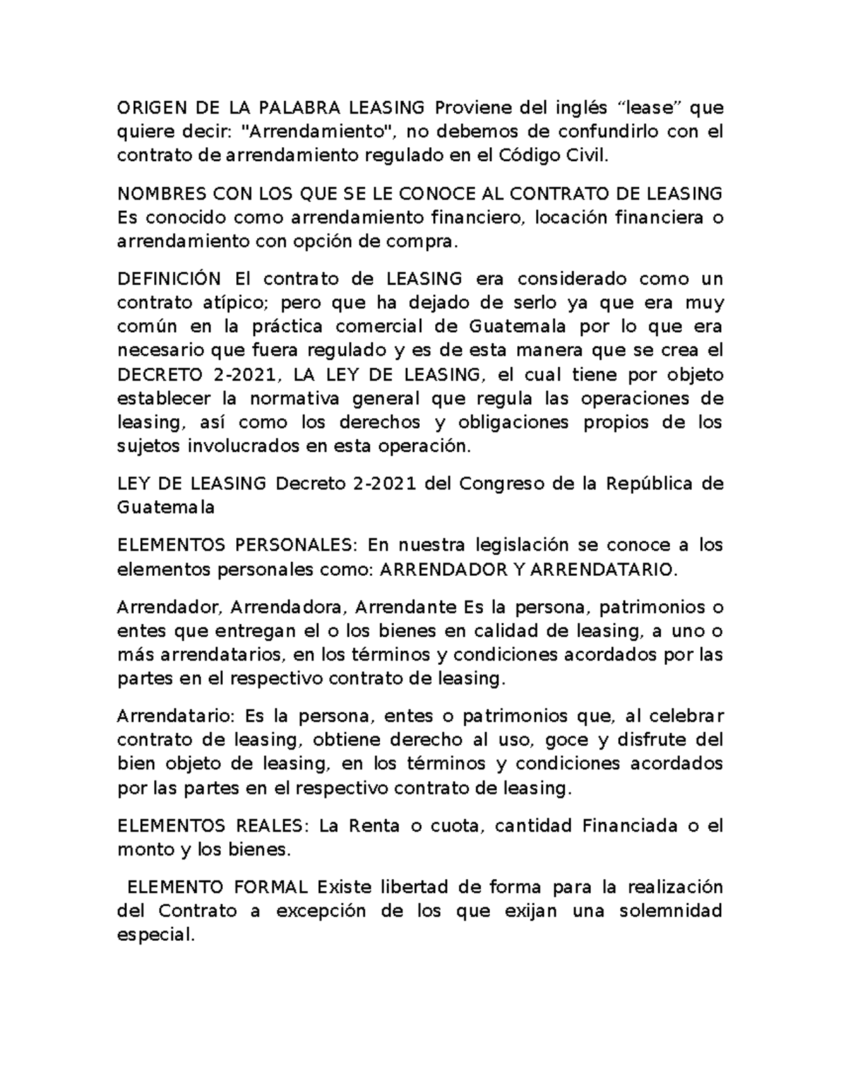 Contrato de Leasing: Definición y Elementos Clave - Studocu