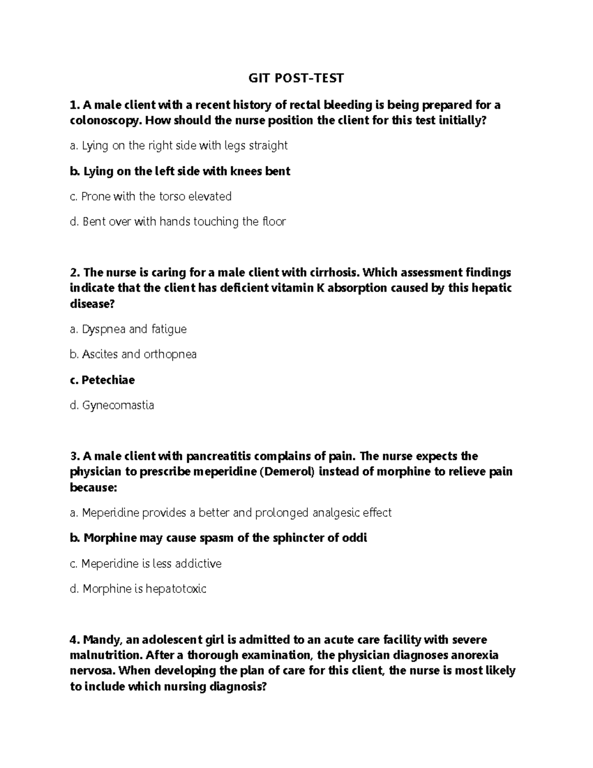 GIT 2023 POST-TEST: Essential Study Questions for Nurses - Studocu