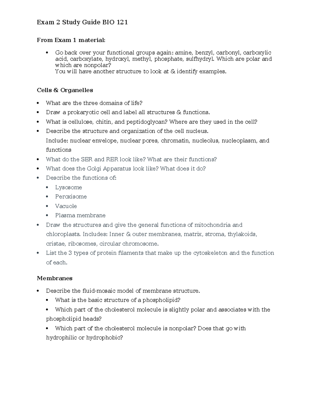 Study Guide for Exam 2 - BIO 121: Cell Structure & Function - Studocu