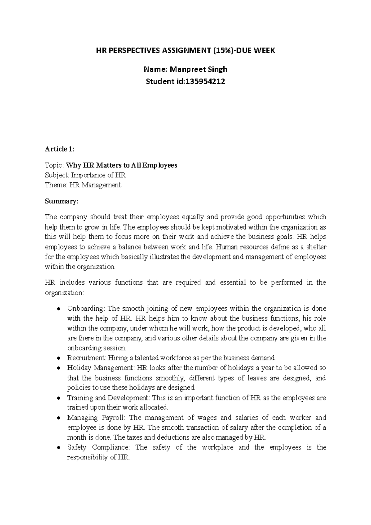 HR Part 1 by Manpreet singh - HR PERSPECTIVES ASSIGNMENT (15%)-DUE WEEK ...