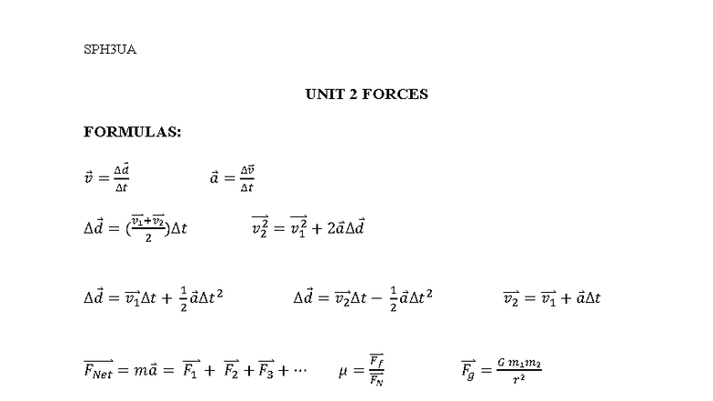 Unit 2 Formula Sheet 3UA - SPH3UA UNIT 2 FORCES FORMULAS: 𝑣⃗ = ∆"⃗ ∆ ...