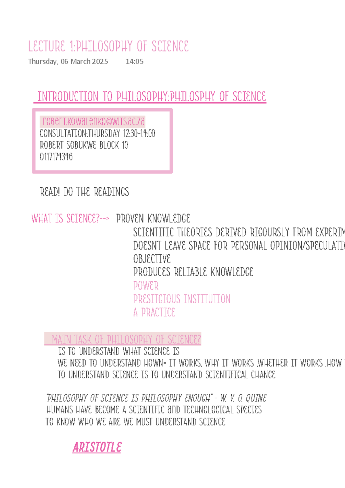 Philosophy of Science Lecture Notes: Key Concepts & Aristotelian ...