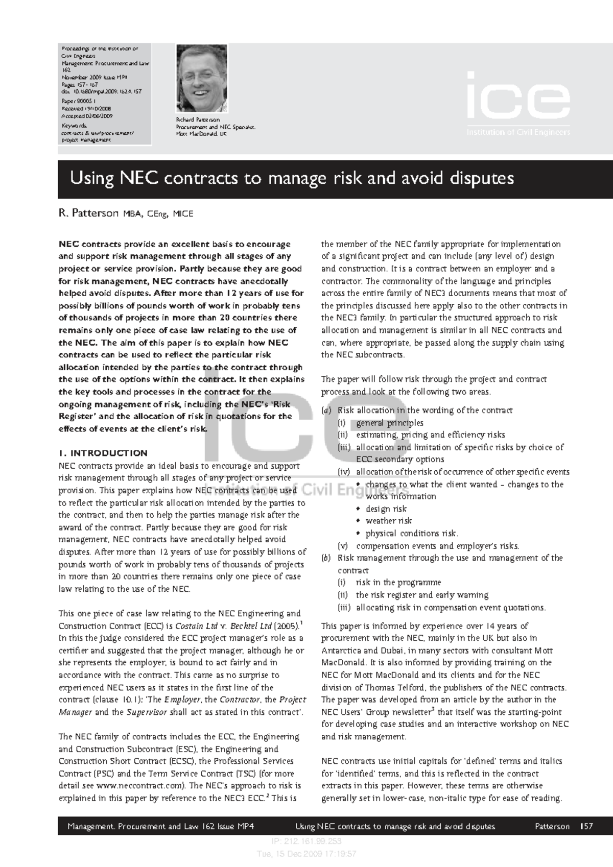 Using NEC Contracts to Manage Risk and Avoid Disputes - MPL162 - Studocu