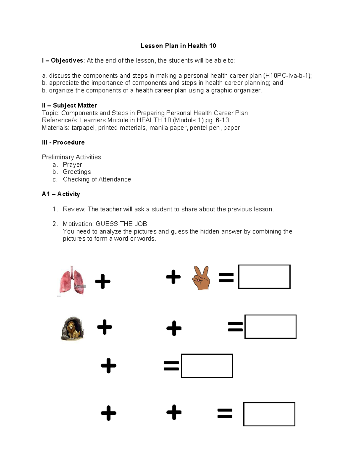Health 10 Lesson Plan: Personal Health Career Planning - Studocu