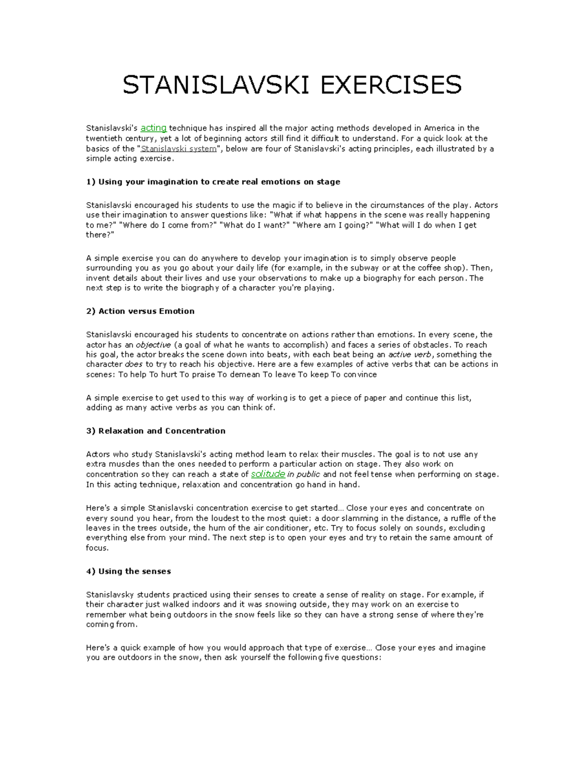 Stanislavski Acting Exercises: Fundamentals for Beginners - Studocu