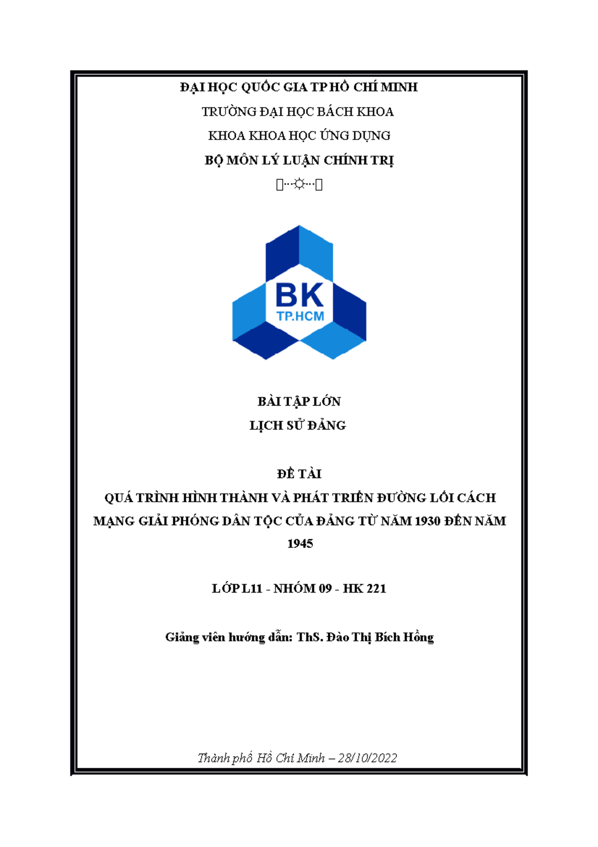 09 L11 BTL - BTL Lịch Sử Đảng: Đường Lối Cách Mạng 1930-1945 - Studocu