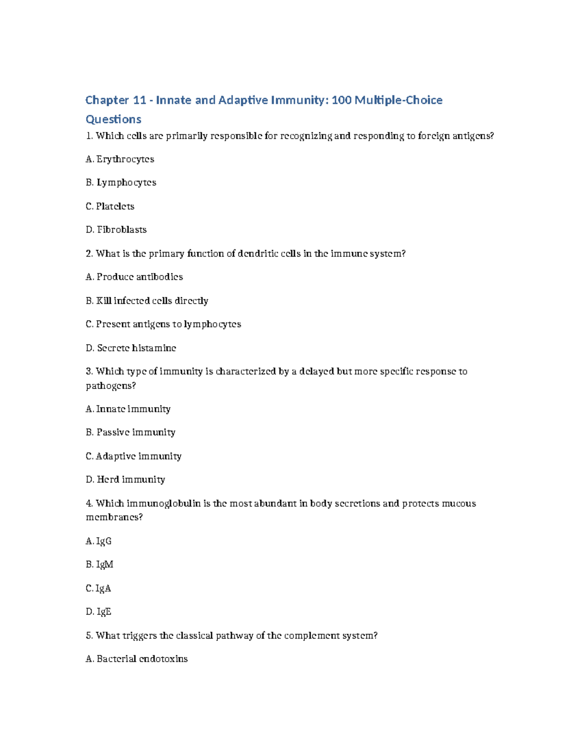 Chapter 11 Immunity: 100 Q&A on Innate & Adaptive Responses - Studocu