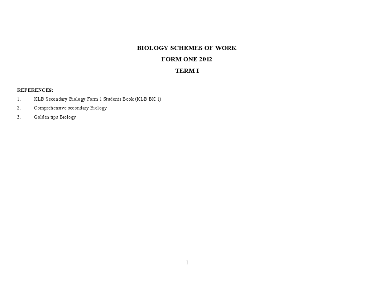Form 1 Biology Scheme of Work - Easy to Read Guide - Studocu