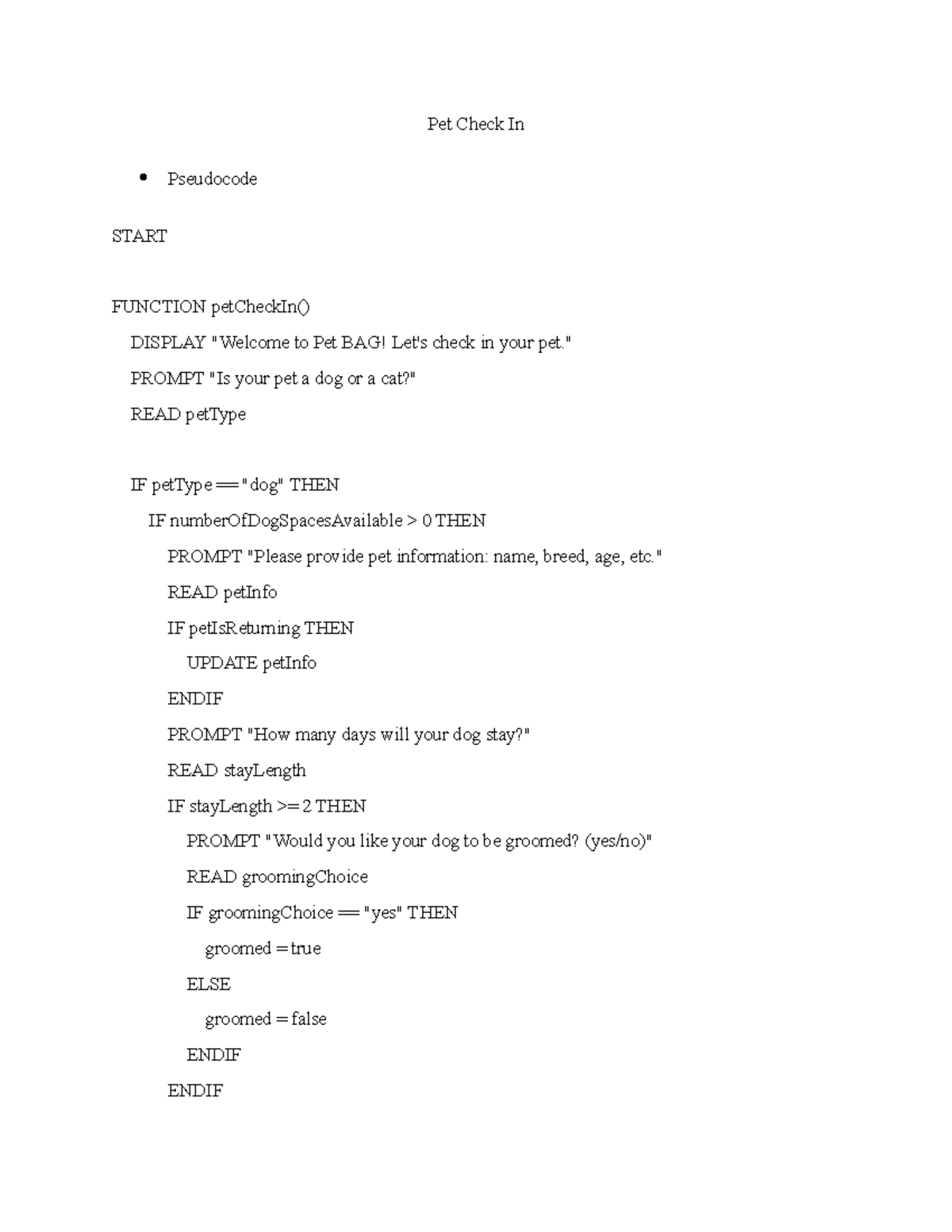 Pseudocode & Flowchart for PET 101: Pet Check-In Process - Studocu