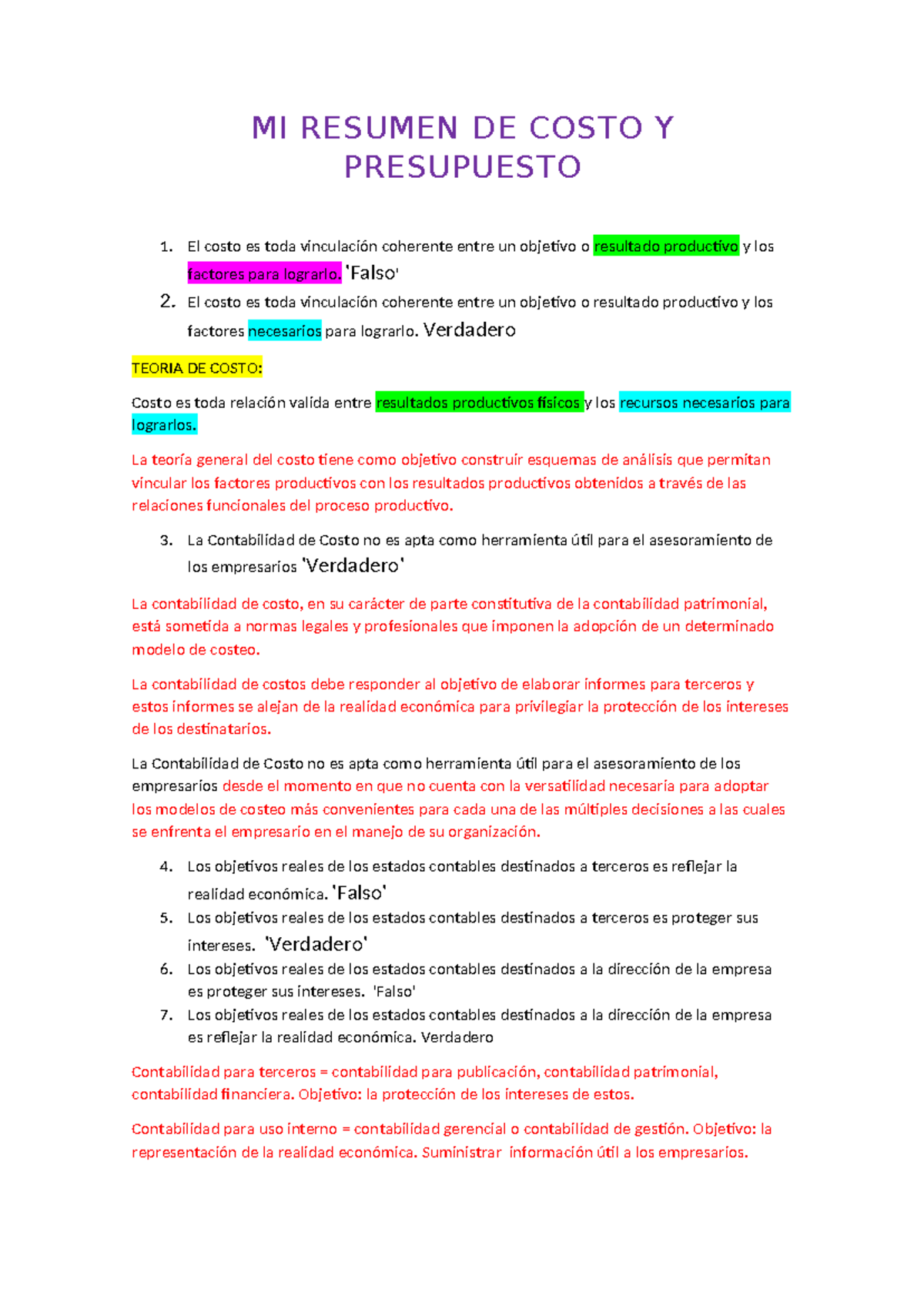 MI RESUMEN DE COSTO Y PRESUPUESTO: Teoría y Práctica Contable - Studocu
