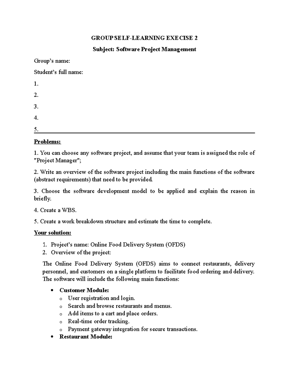 GROUP EXERCISE 2: Software Project Management - Online Food Delivery ...