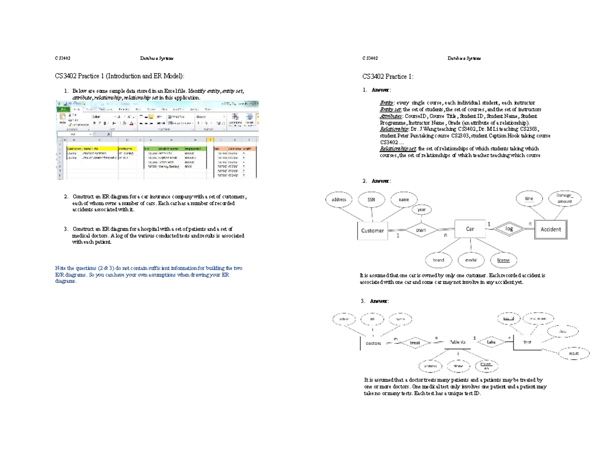 CS3402 Database Systems Practice 1: ER Model and Data Mapping Analysis - Studocu