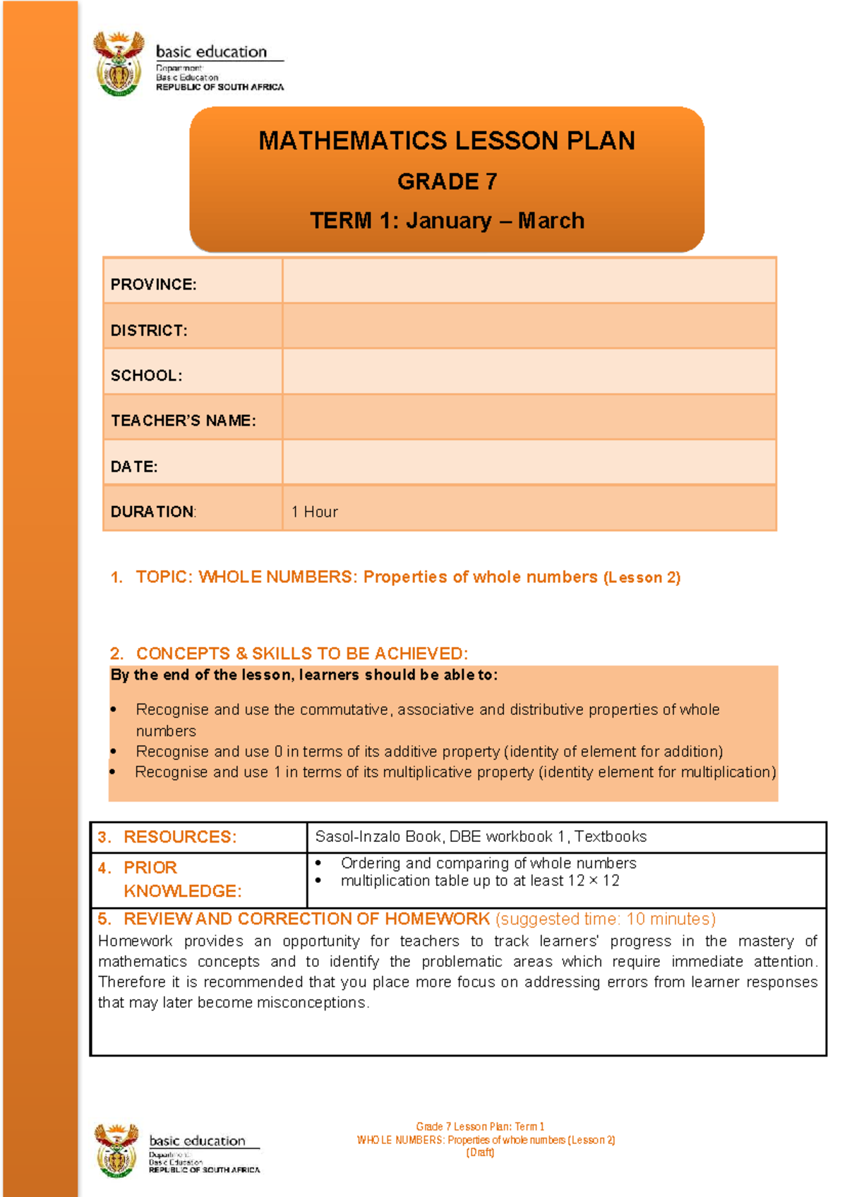 MATHEMATICS GRADE 7 TERM 1 LESSON PLAN: WHOLE NUMBERS (Lesson 2) - Studocu
