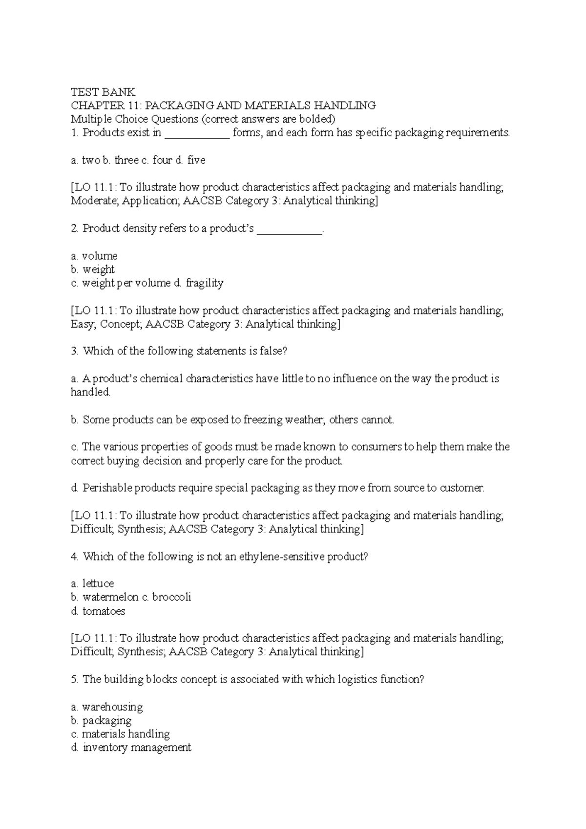 Chapter 11: Test Bank on Packaging & Materials Handling - Studocu