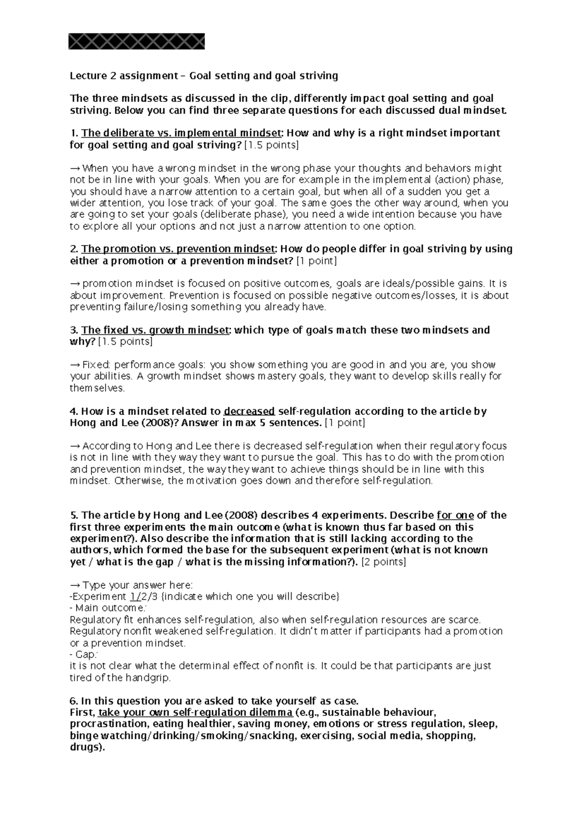 Lecture 2 Assignment: Insights on Goal Setting & Mindsets - Studeersnel