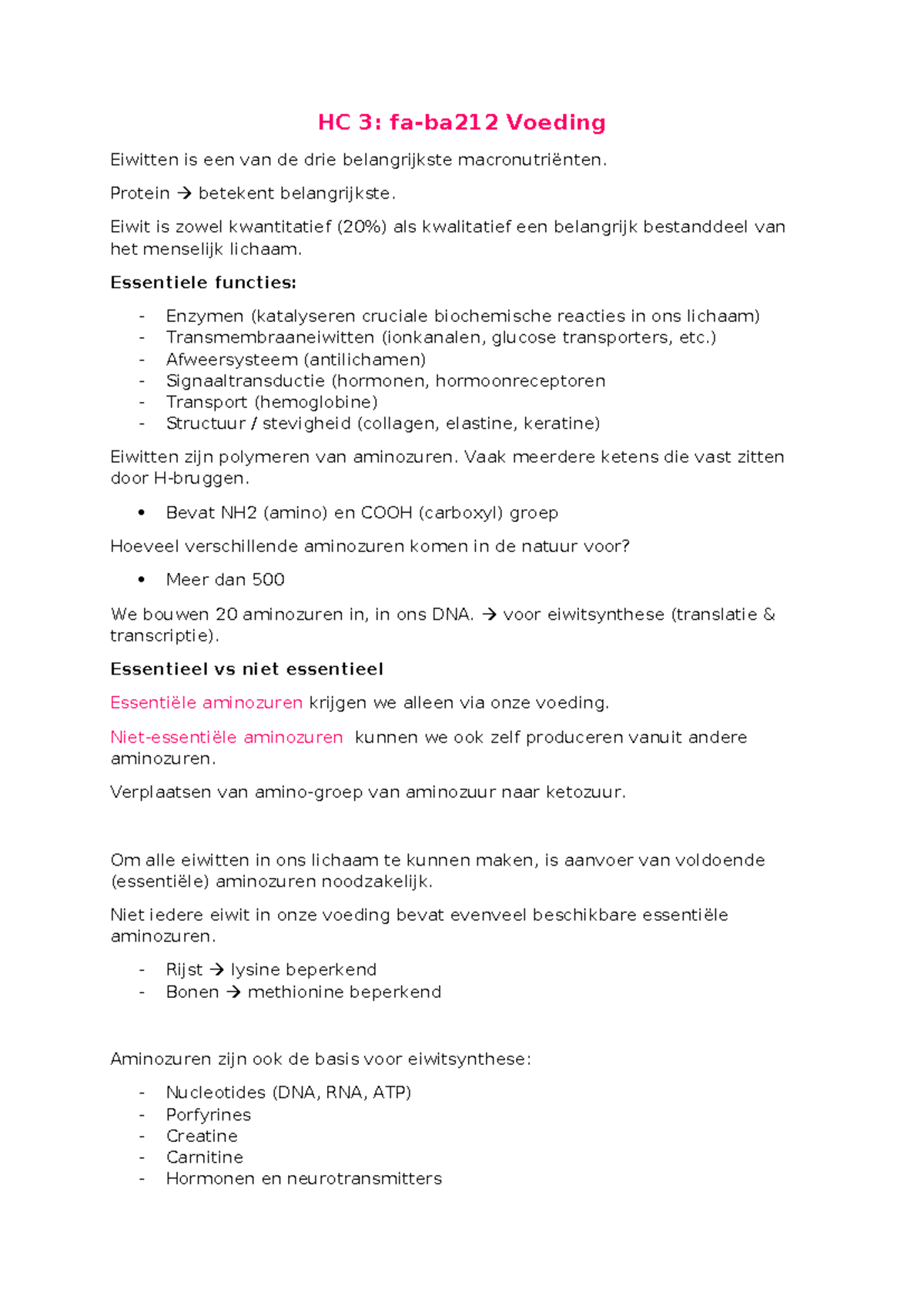 HC 3: Eiwitten en Hun Essentiële Functies in het Menselijk Lichaam ...