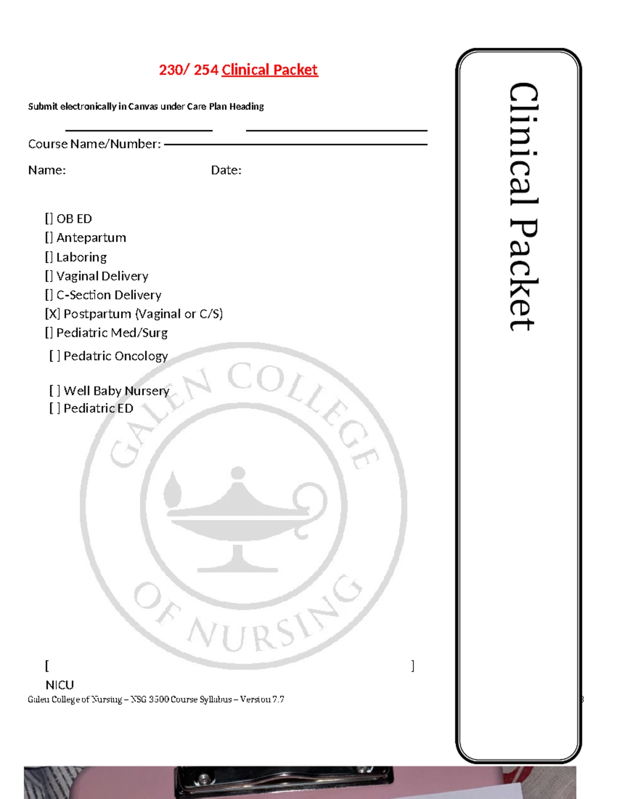 NSG 230 Maternal and Pediatric Clinical Packet with Diagnosis Map - Studocu
