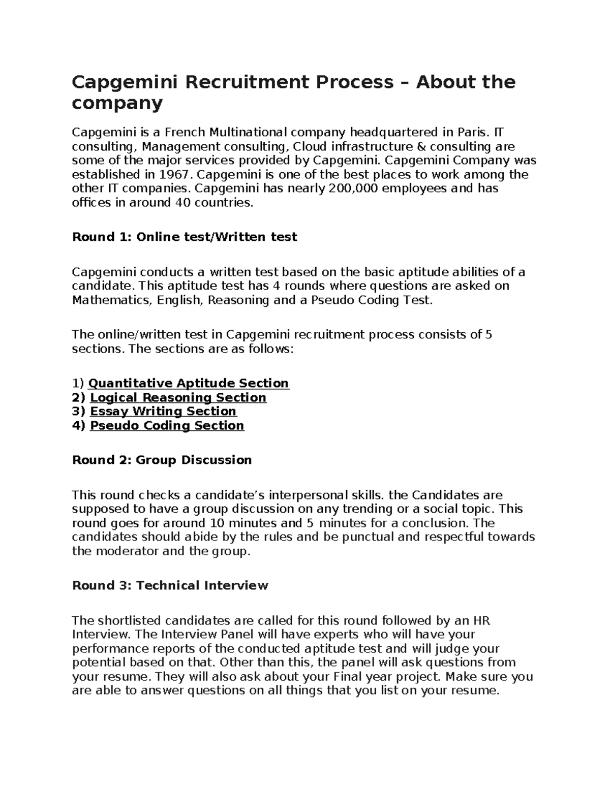 Capgemini Recruitment Process Overview and Placement Papers - Studocu