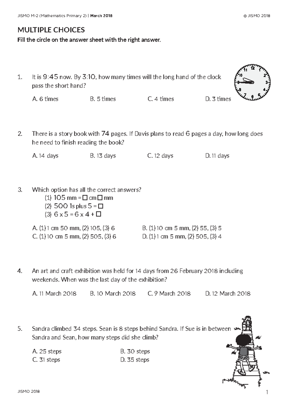JISMO M-2 Mathematics Primary 2 March 2018 Test Paper - Studocu