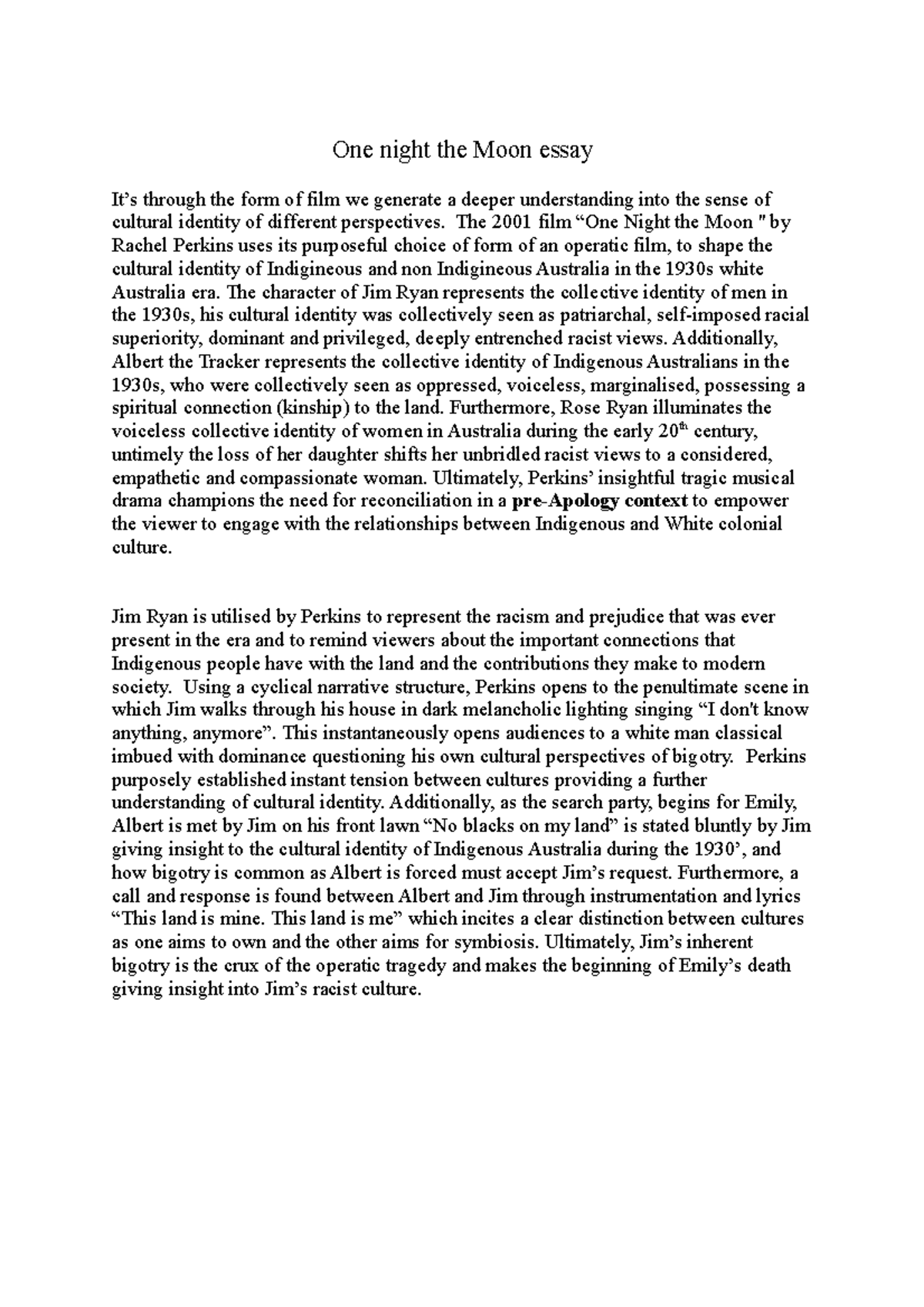 One Night the Moon: Cultural Identity in 1930s Australia Essay - Studocu