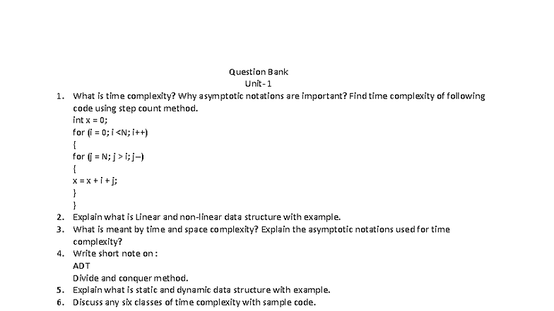 DSA - Question Bank: Unit 1 - Time Complexity & Data Structures - Studocu