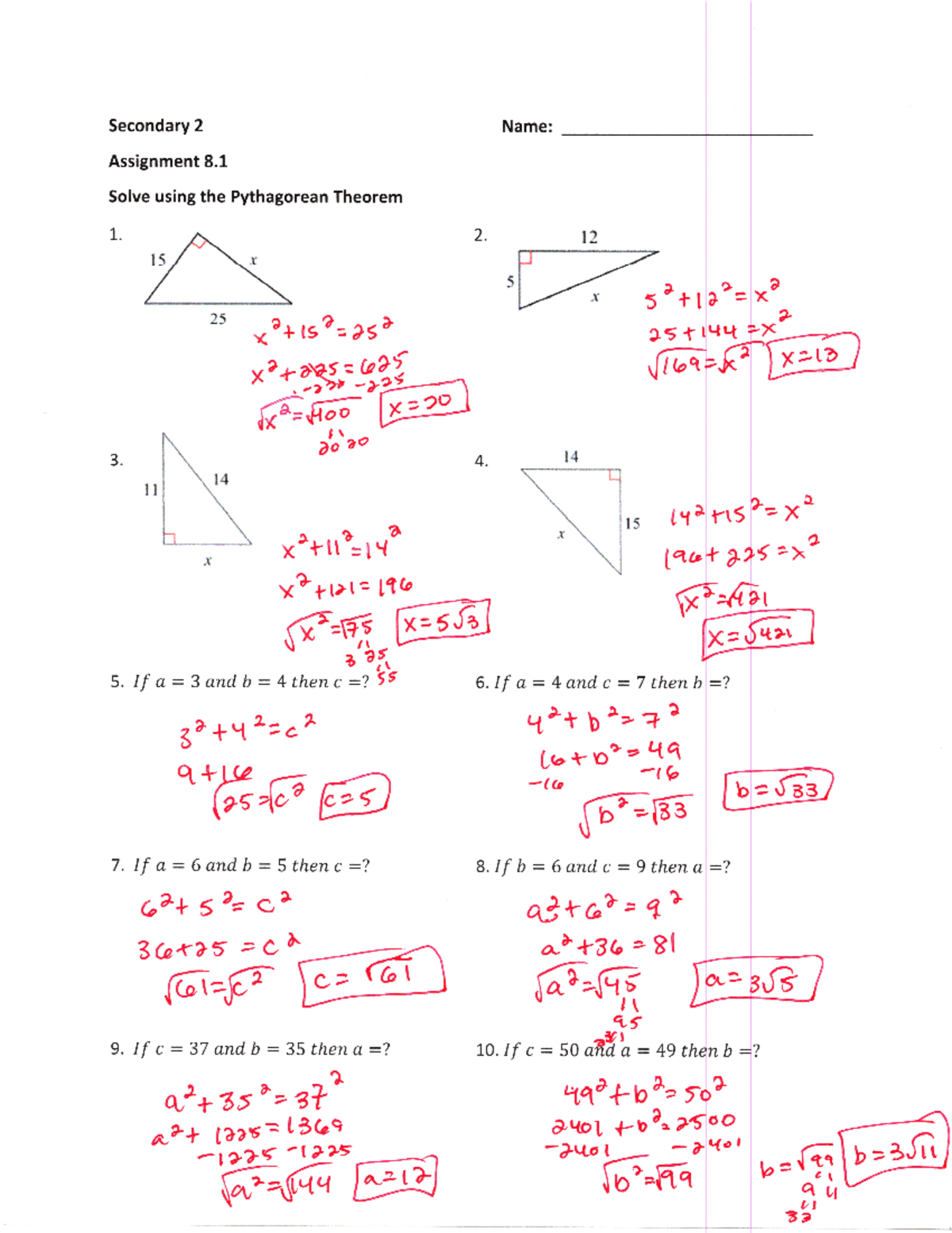 Unit 8 Solutions - i think i need this right now - Secondary 2 Name ...
